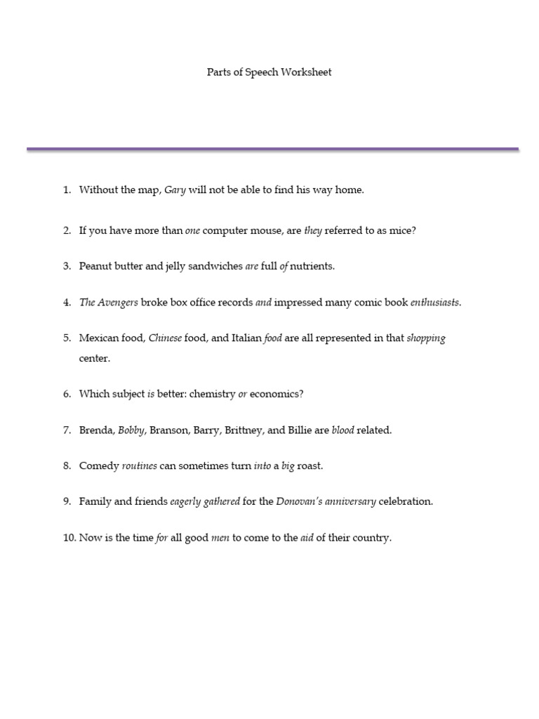 Parts of Speech Worksheet | PDF