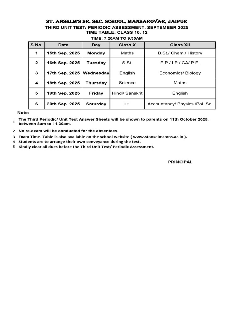 Ut3- 10,12 Time Table- September 2025 | PDF