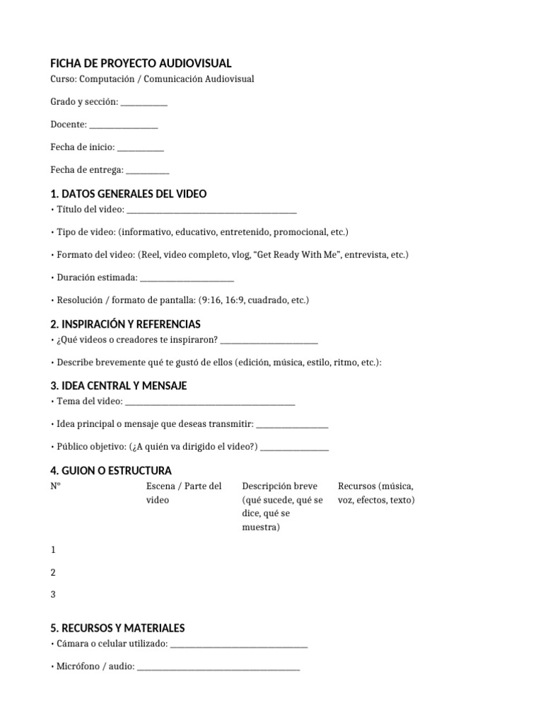 Ficha de Proyecto Audiovisual 3ro Secundaria | PDF