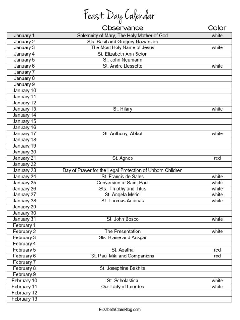 Liturgical Feast Day Calendar 1 (1) | PDF | Christian Saints | Catholic ...