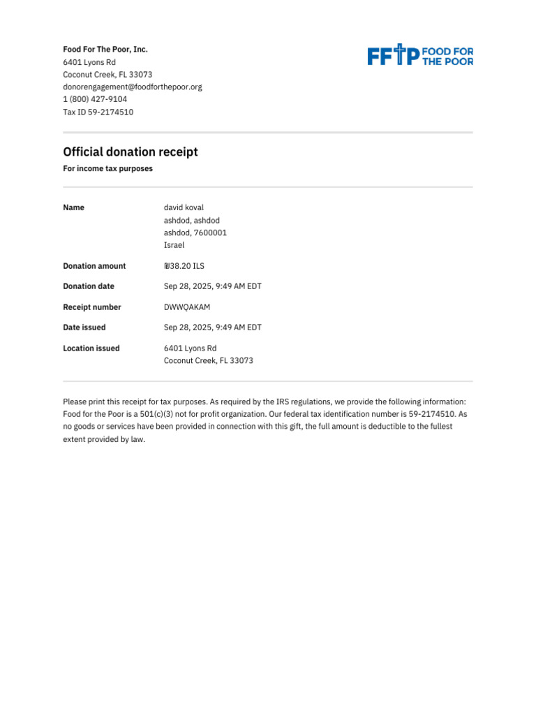 Food for the Poor Receipt Sep 28, 2025 | PDF