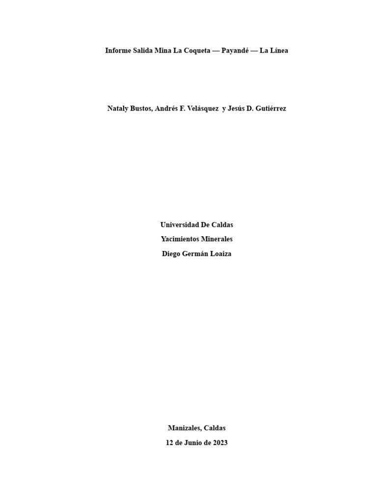 Formato Informe Salida Mina La Coqueta-Payandé-La Linea | PDF | Minerales | Ciencias de la Tierra