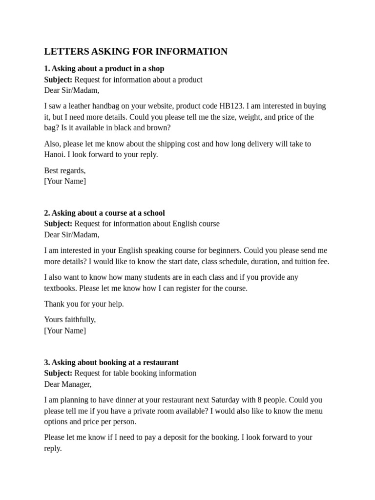 Sample Inquiry Letters for Information | PDF