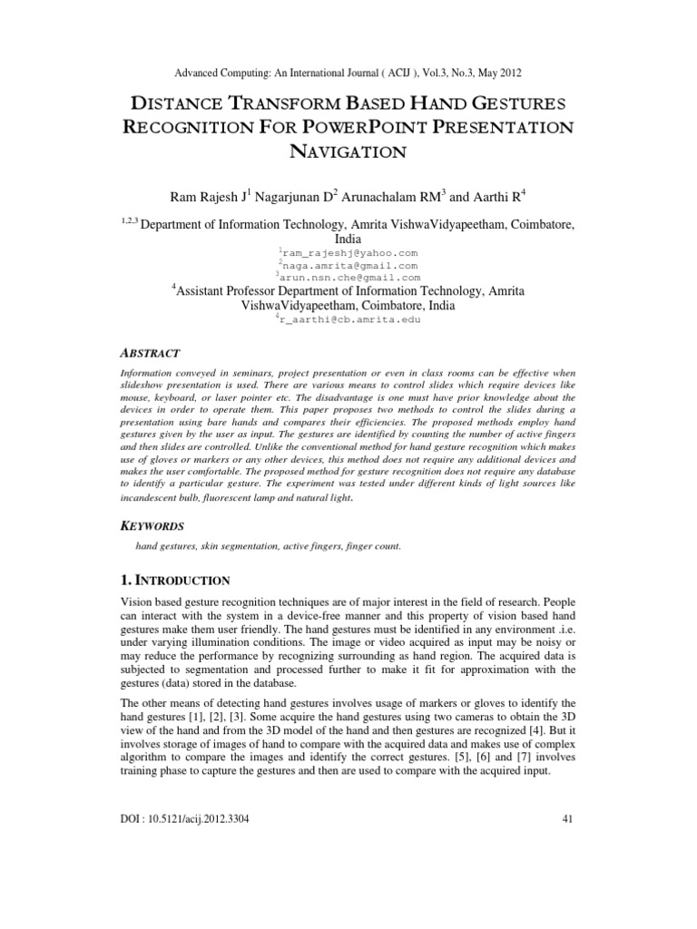 Distance Transform Based Hand Gestures Recognition For Powerpoint ...