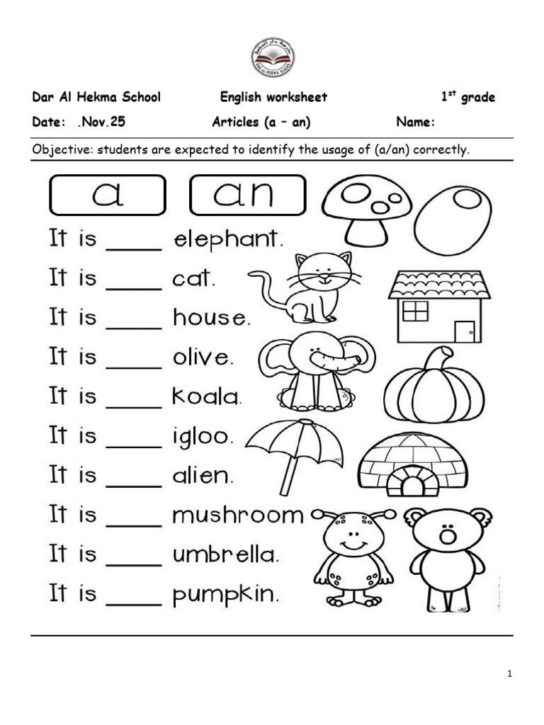 1st Grade English Worksheet on Articles | PDF