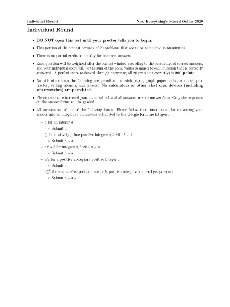 NEMO 2020 Individual Round | PDF | Area | Number Theory