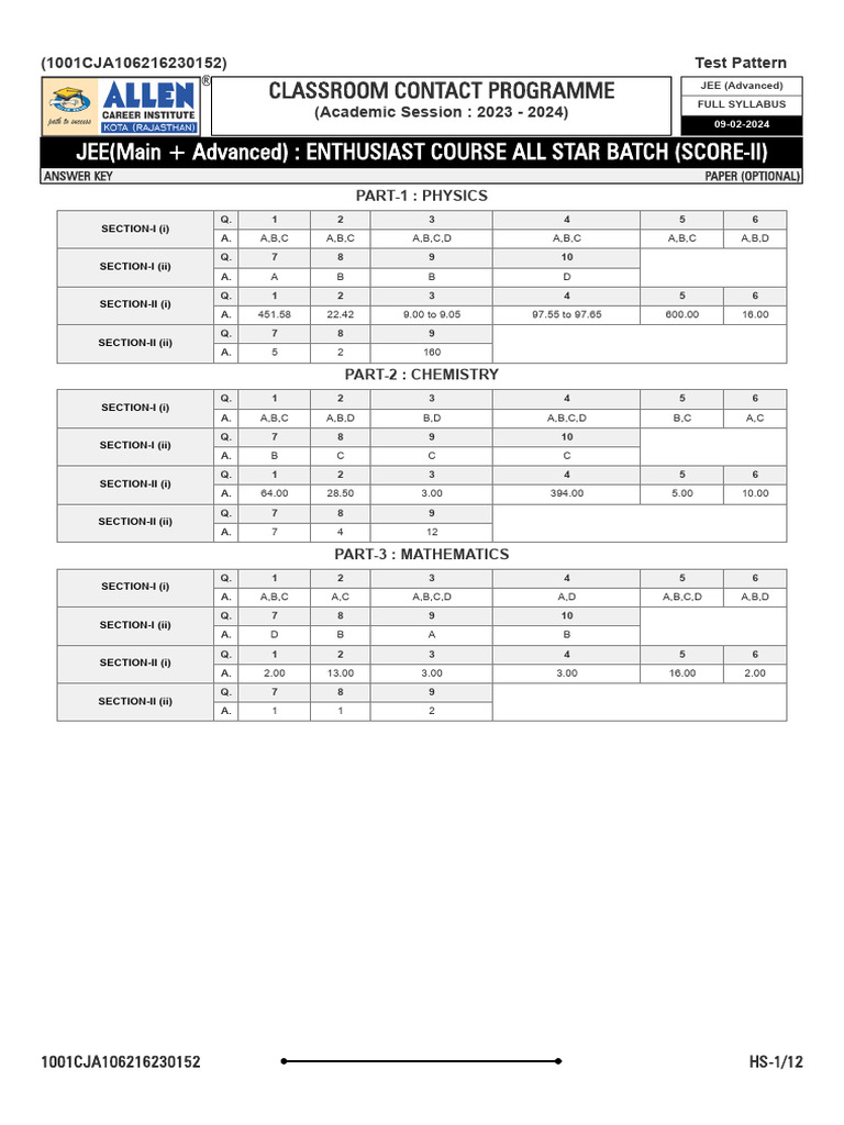 0902_Enthusiast Course_All Star Batch_Score-II_Answerkey & Solution | PDF