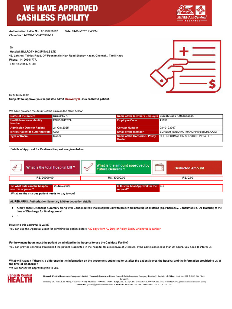 Cashless Patient Admission Approval Letter | PDF | Patient | Health Care