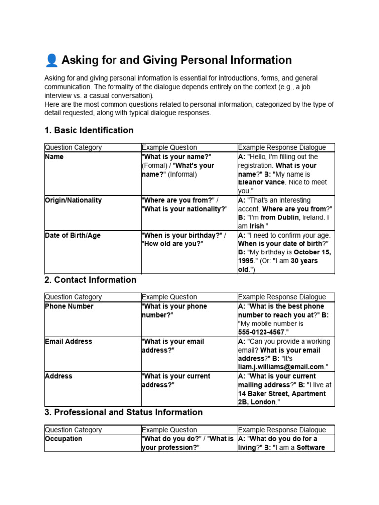 Asking for and Giving Personal Information | PDF | Communication ...