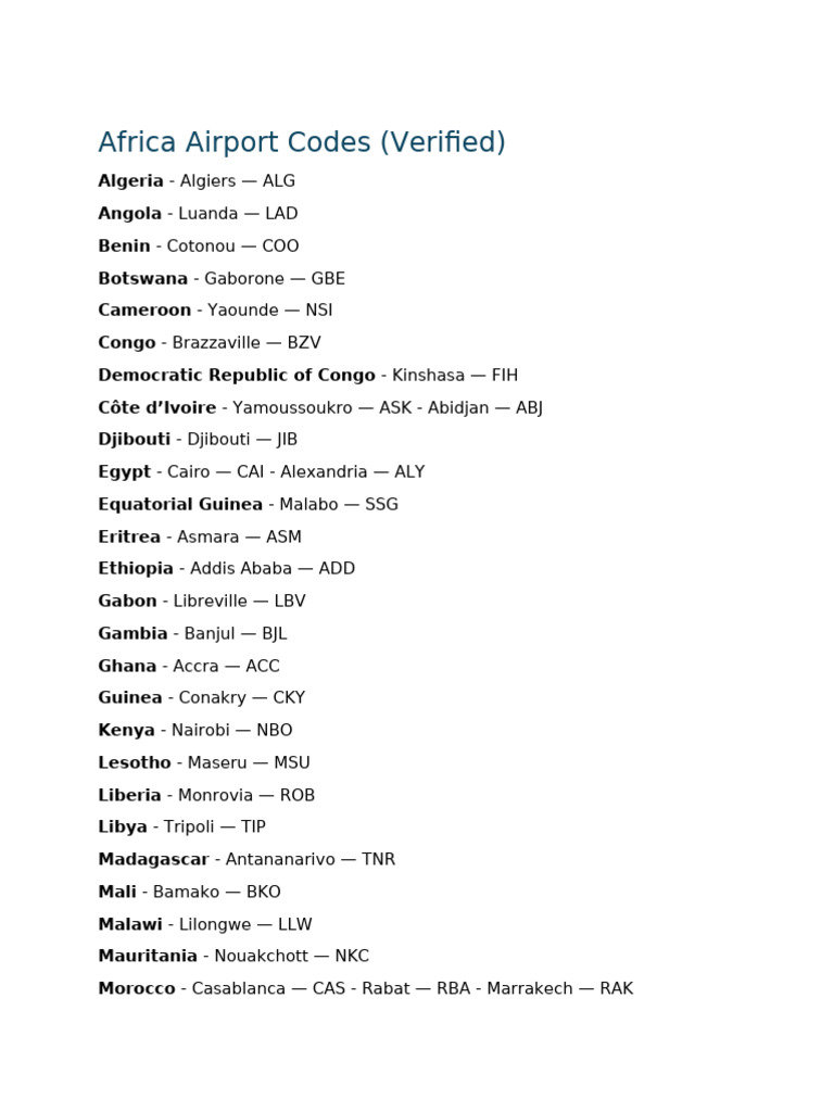 Verified Africa Airport Codes List | PDF