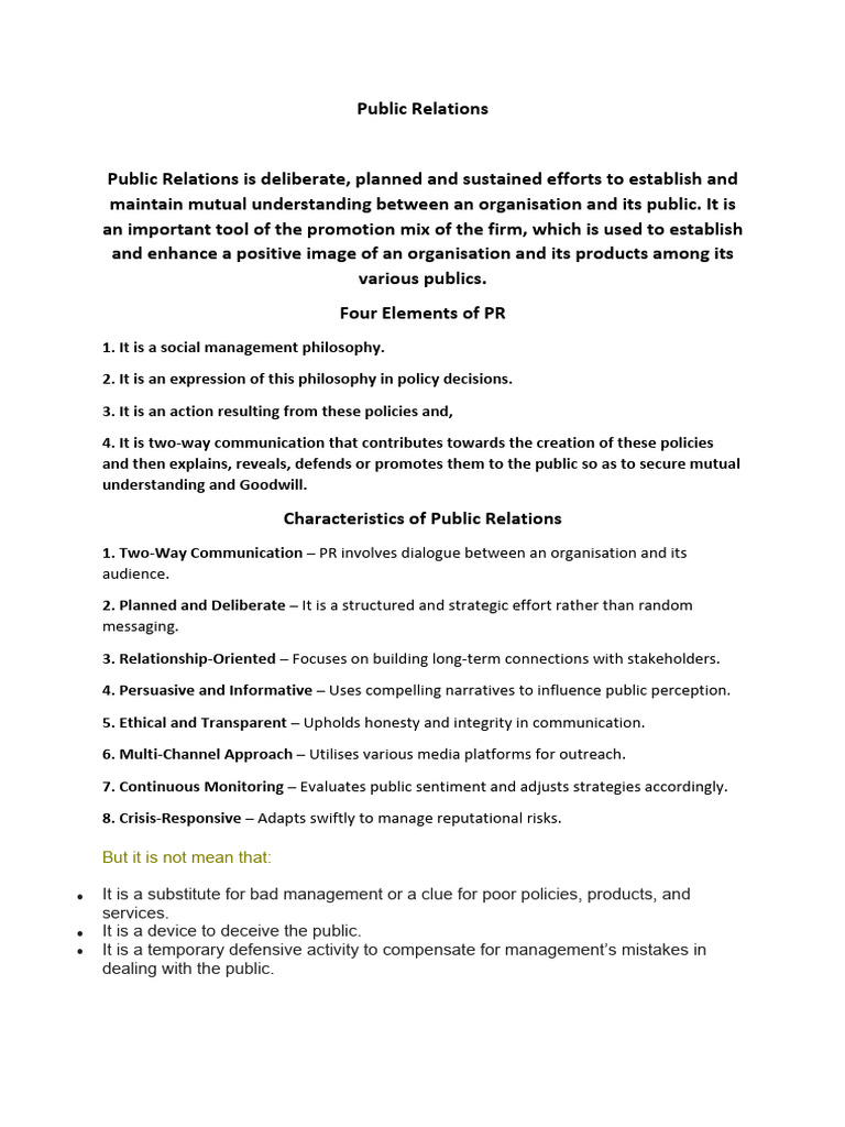 1.1 Public Relations - Objectives and Charactersitics | PDF | Public ...