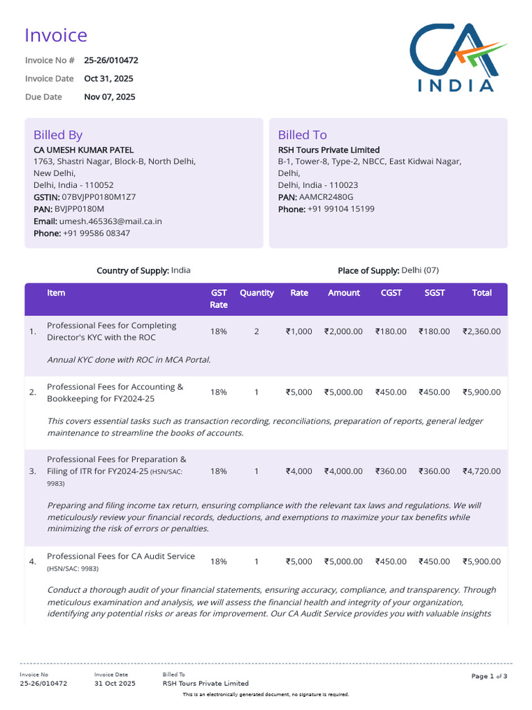 Invoice 25-26-010472 RSH Tours Private Limited | PDF | Payments | Taxes