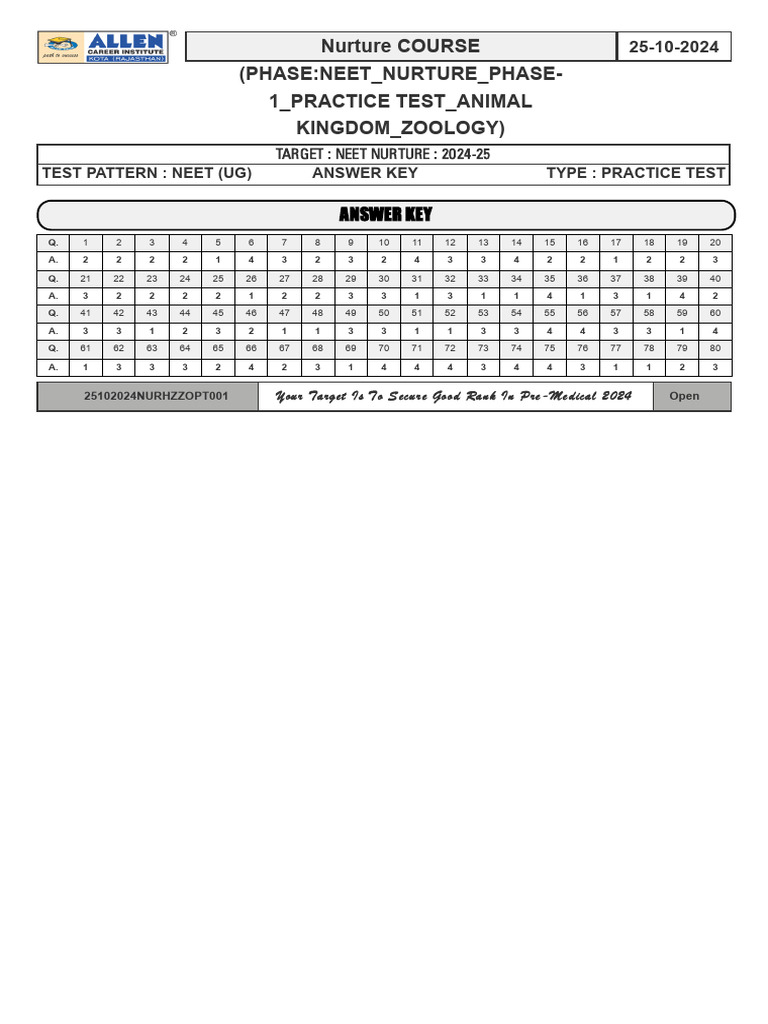 Neet Nurture Phase-1 Practice Test Animal Kingdom Zoology Key | PDF