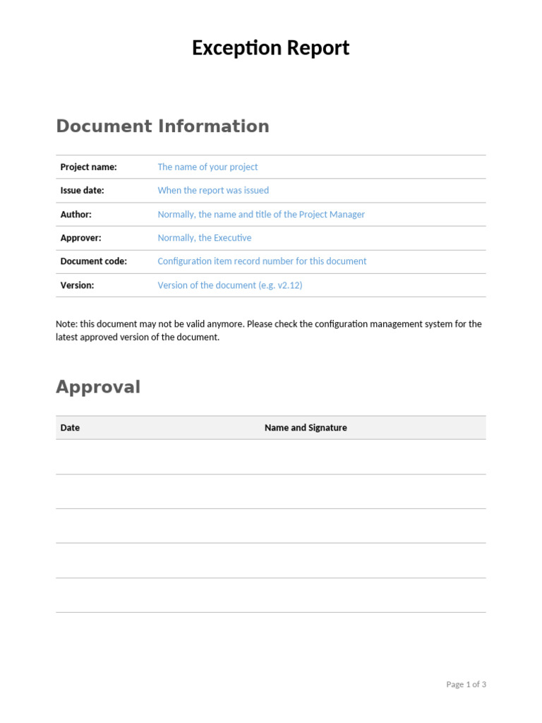 Project Exception Report Template | PDF