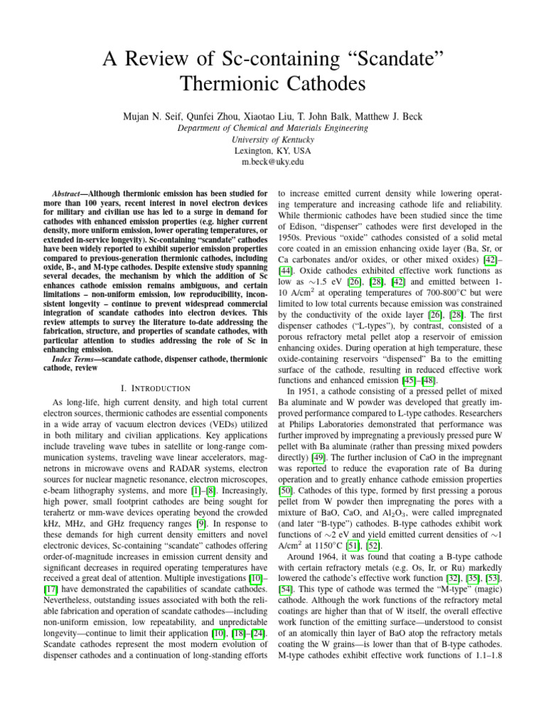 Scandate Thermionic Cathodes Review | PDF