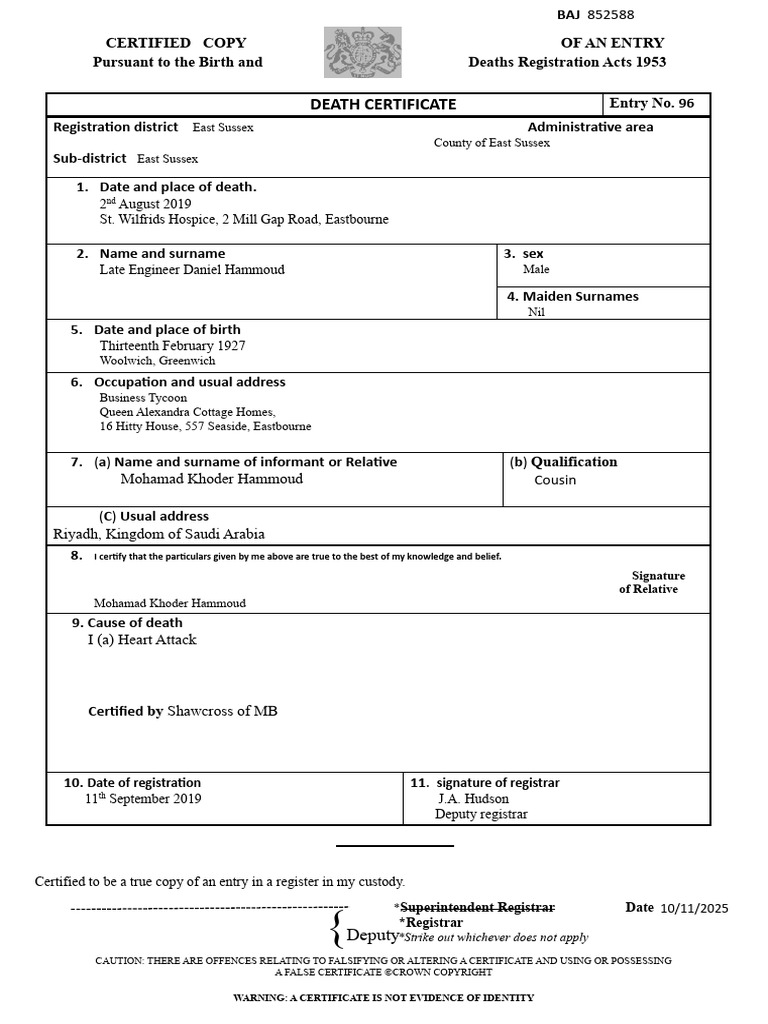 Death Certificate: Certified Copy of An Entry Pursuant To The Birth and ...