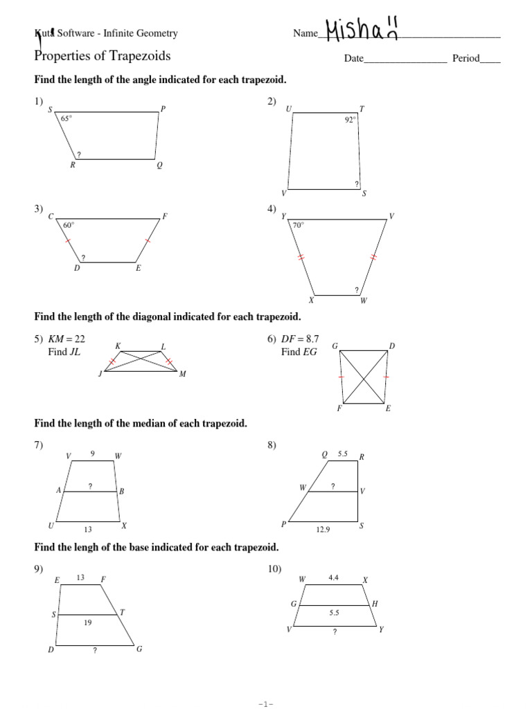 Trapezoid Properties Worksheet | PDF | Geometry | Elementary Geometry