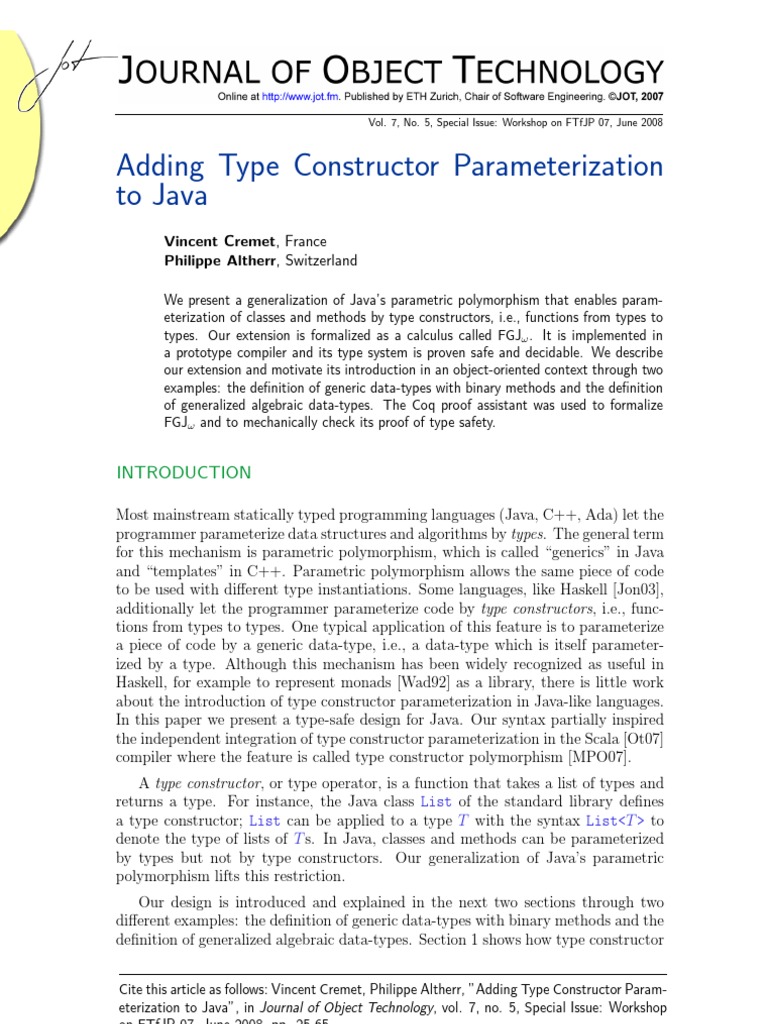 Adding Type Constructor Parameterization To Java: Vol. 7, No. 5 ...