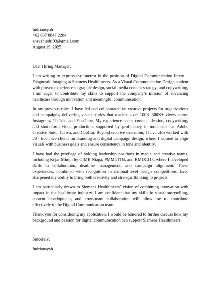Cover Letter Siemens Intern | PDF