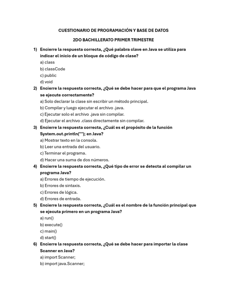 Cuestionario de Programación y Base de Datos 2do Bachillerato Primer Trimestre | PDF | Java ...