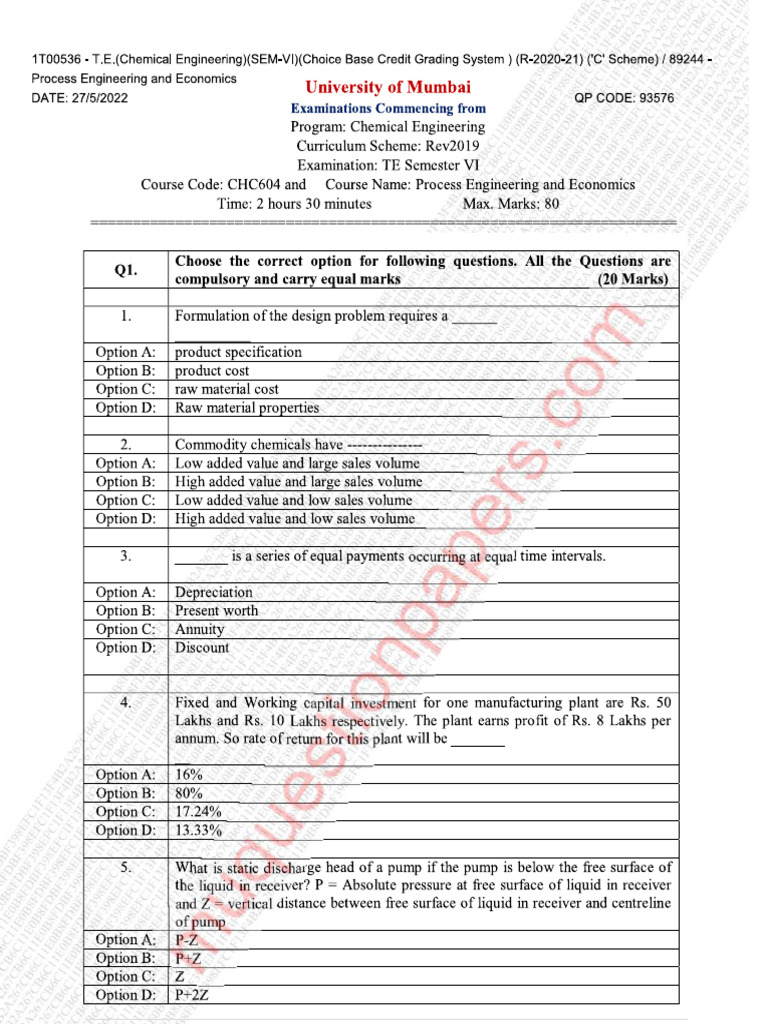 Be Chemical Engineering Semester 6 2022 May Process Engineering and ...