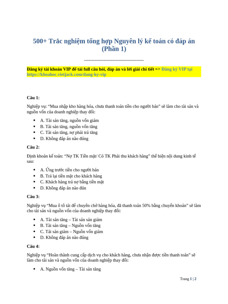 500 Trac Nghiem Tong Hop Nguyen Ly Ke Toan Co Dap An Phan 1 2025-11-20 ...