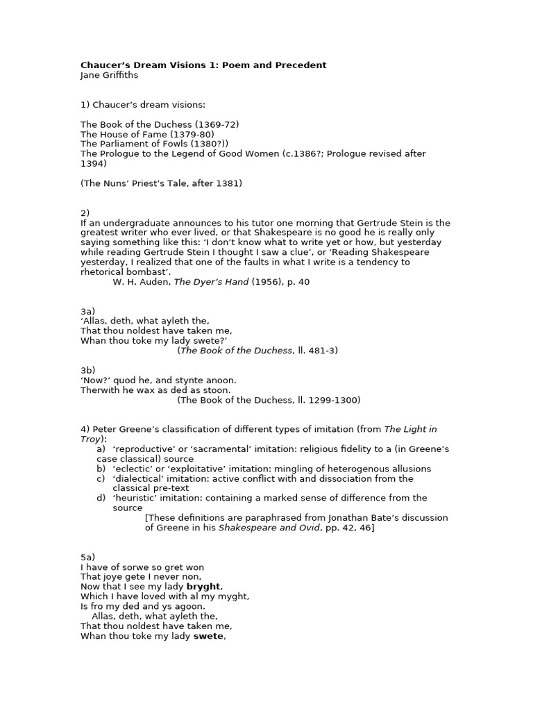 Chaucer’s Dream Visions 1- Handout | PDF | Middle English Poems ...