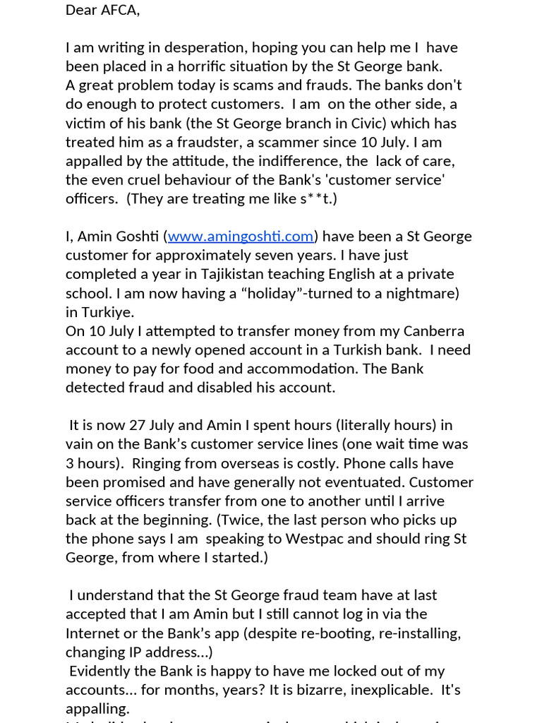 Complaint To Finantial Autharaties Re ST George Bank | PDF