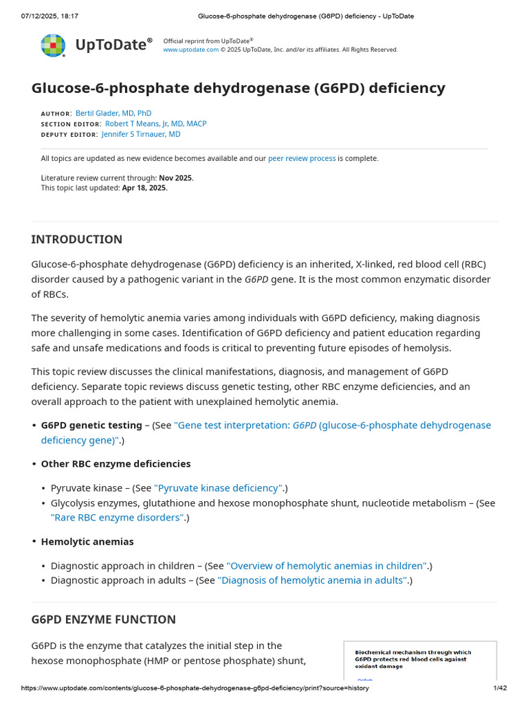 Glucose-6-Phosphate Dehydrogenase (G6PD) Deficiency - UpToDate | PDF ...