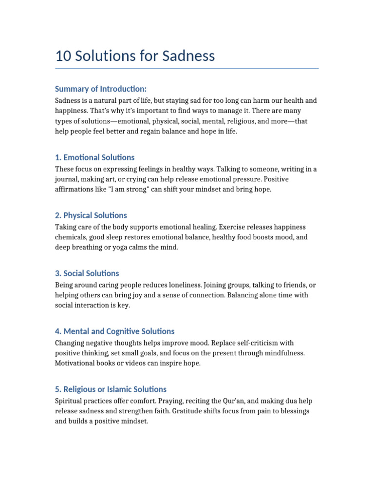 Solutions For Sadness English With Intro | PDF | Mind | Happiness