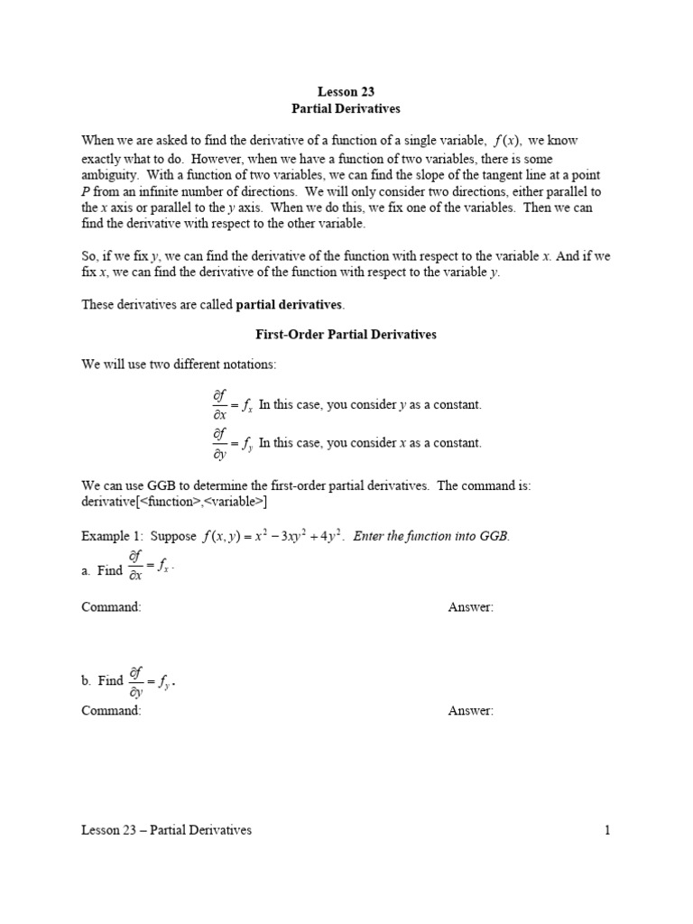 Lesson 23 Partial Derivatives | PDF | Derivative | Subtraction