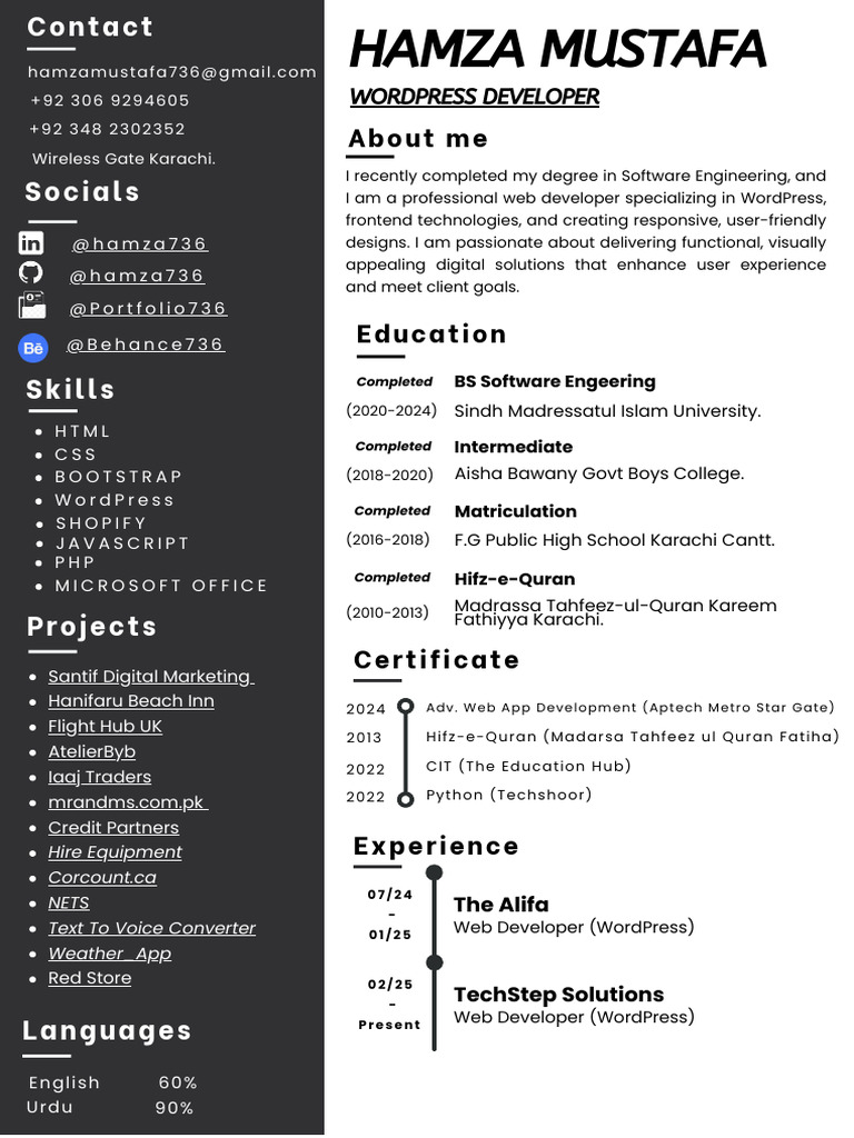 WordPress Developer Portfolio of Hamza Mustafa | PDF