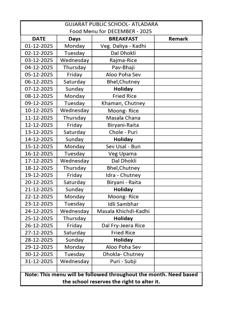 December 2025 School Food Menu | PDF
