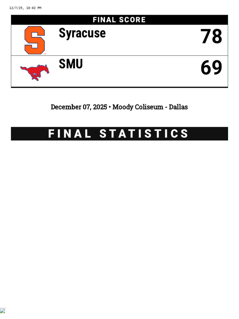 Syracuse Defeats SMU: Final Box Score | PDF | Ball Games | Sports