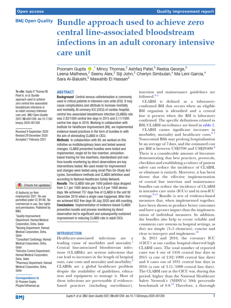 Bundle Approach Used To Achieve Zero Central Line-Associated ...