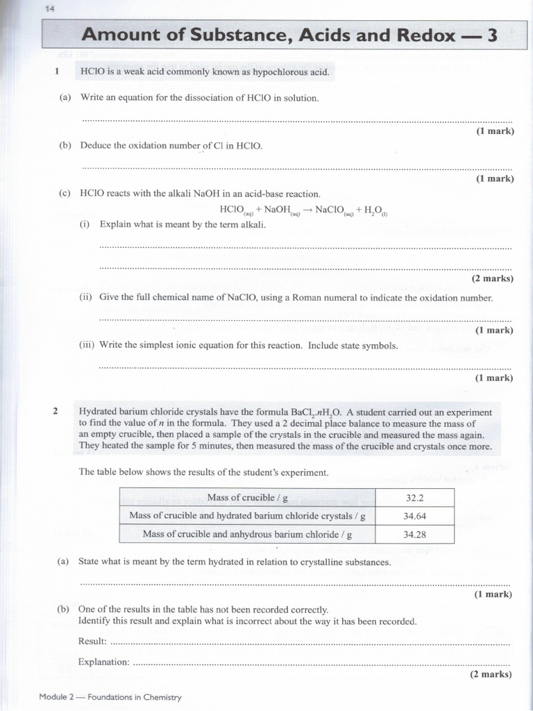 M2-2-W3 Amount of Substance, Acids and Redox | PDF