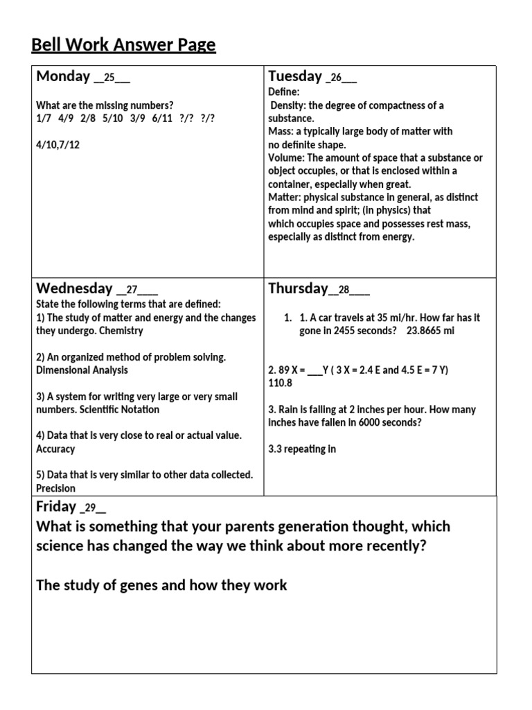 Bell Work Answer Page Aug 25-29th | PDF