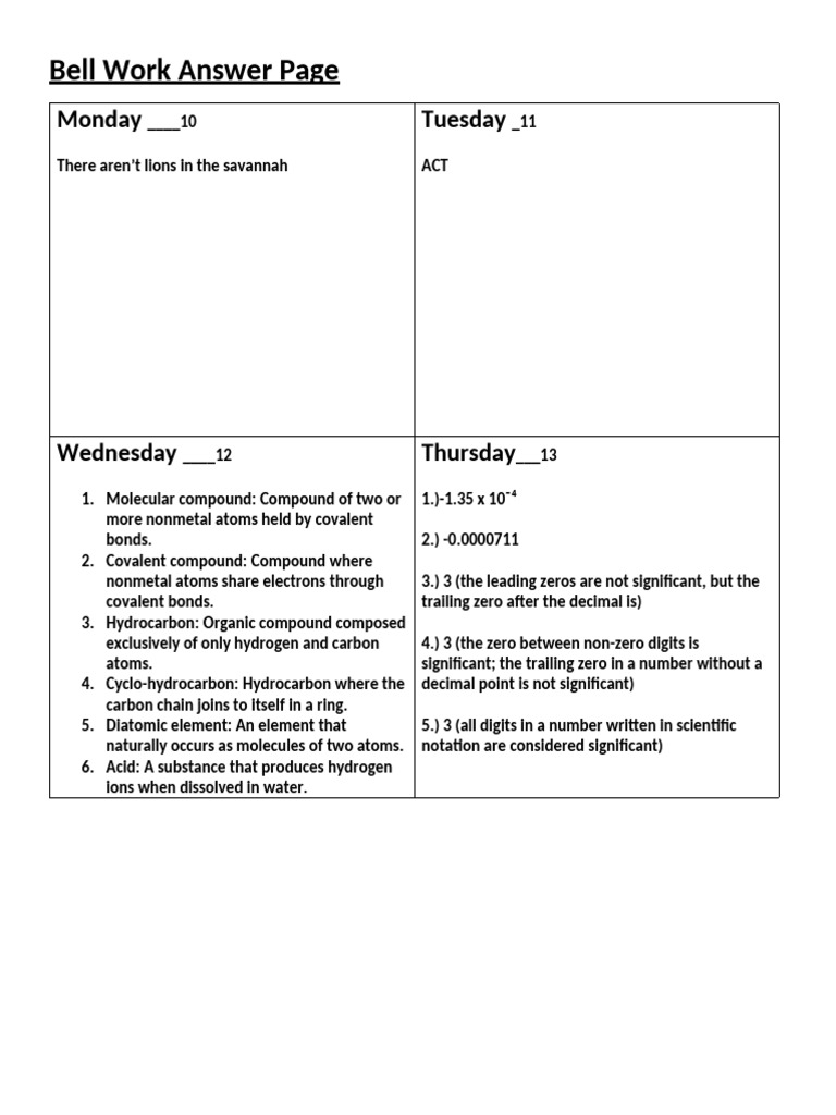 Bell Work 11-10 - 11-14 | PDF
