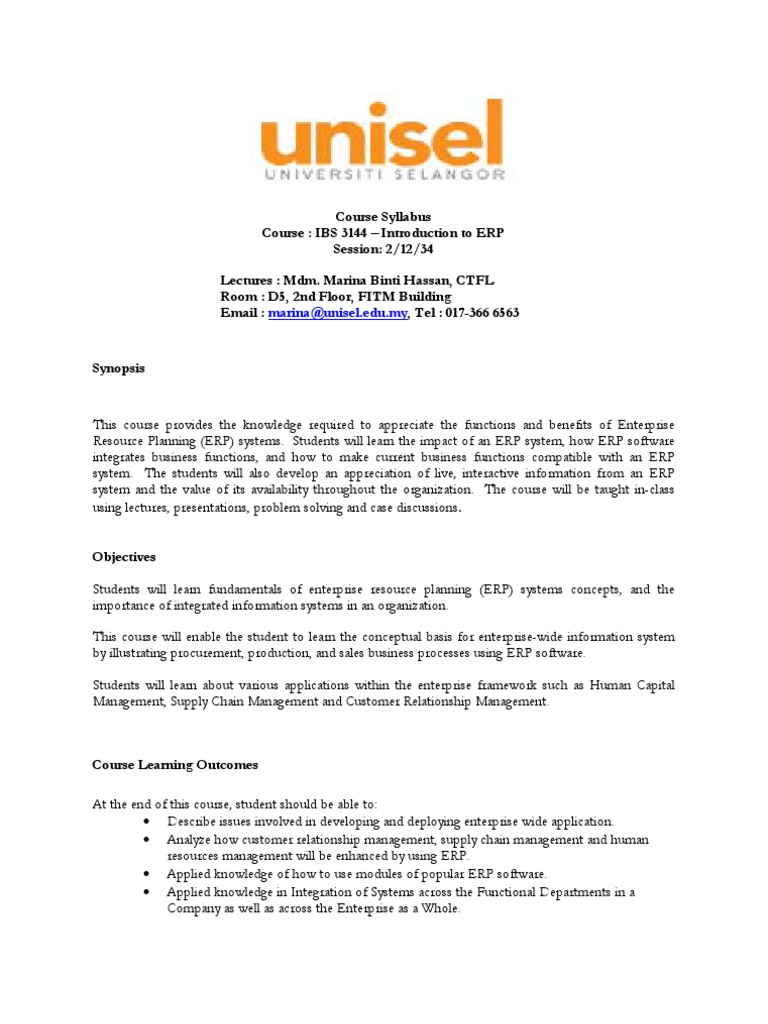 Ibs 3144 (Intro To Erp) Course Outline 21234 | PDF | Enterprise ...