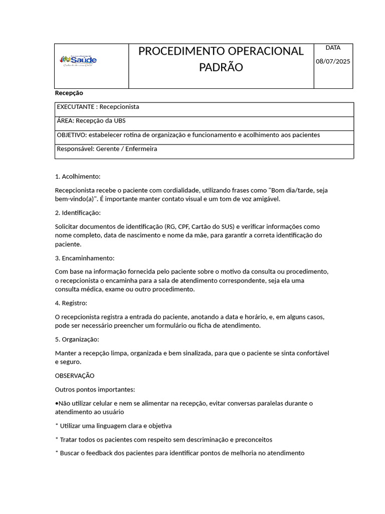 POP PROCEDIMENTO OPERACIONAL PADRÃO | PDF