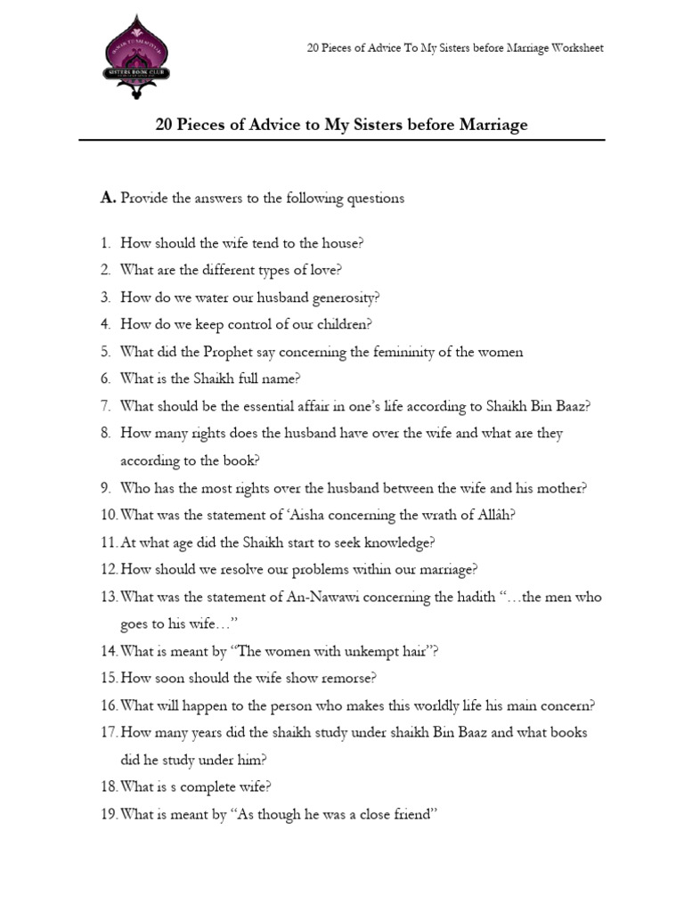 Marriage Advice for Sisters Worksheet | PDF