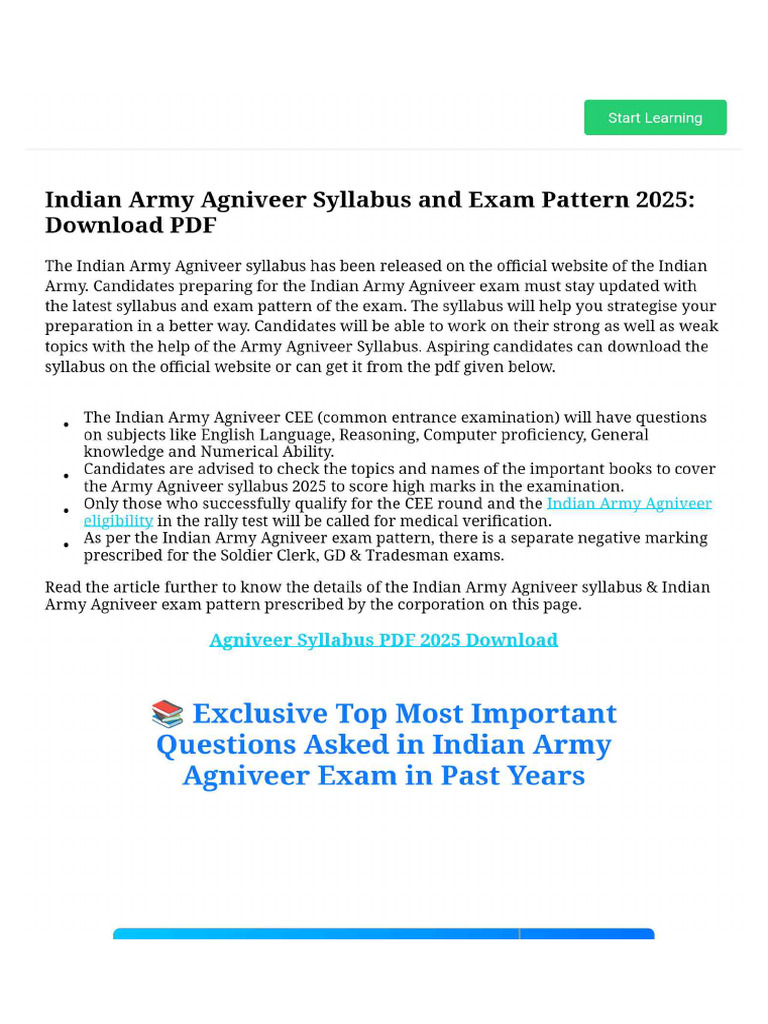 Indian Army Agniveer Syllabus and Exam Pattern 2025 - Download PDF | PDF