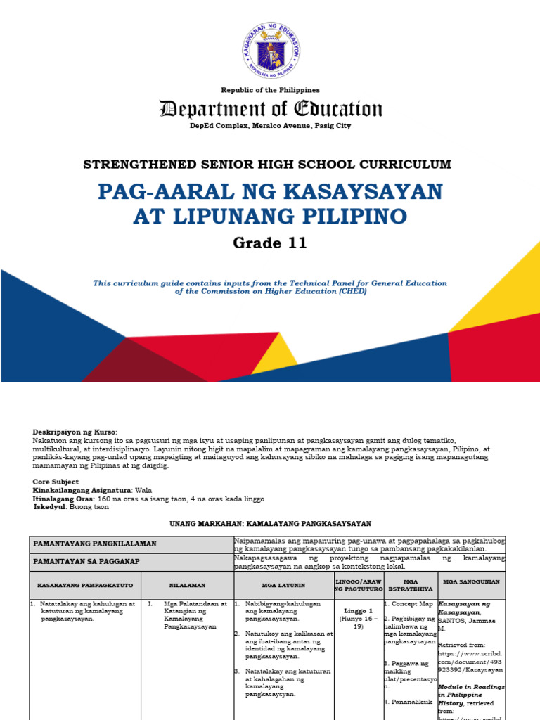 Curriculum Map - Pag-aaral ng Kasaysayan at Lipunang Pilipino | PDF