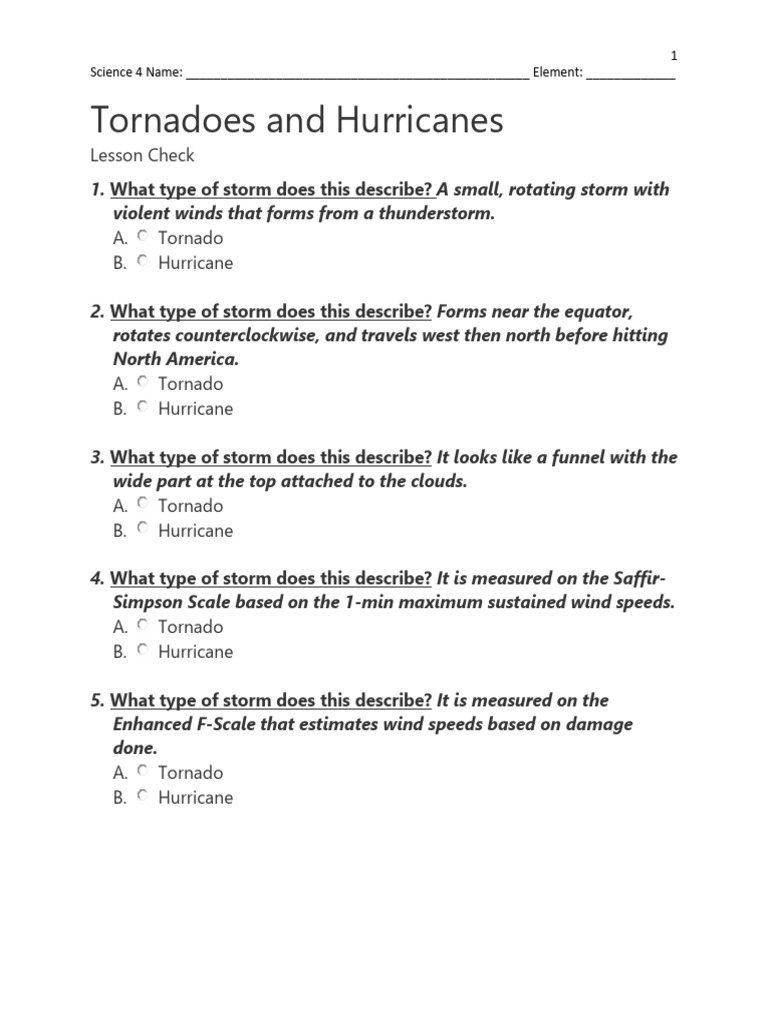 Tornadoes vs. Hurricanes Quiz | PDF | Tornadoes | Tropical Cyclones