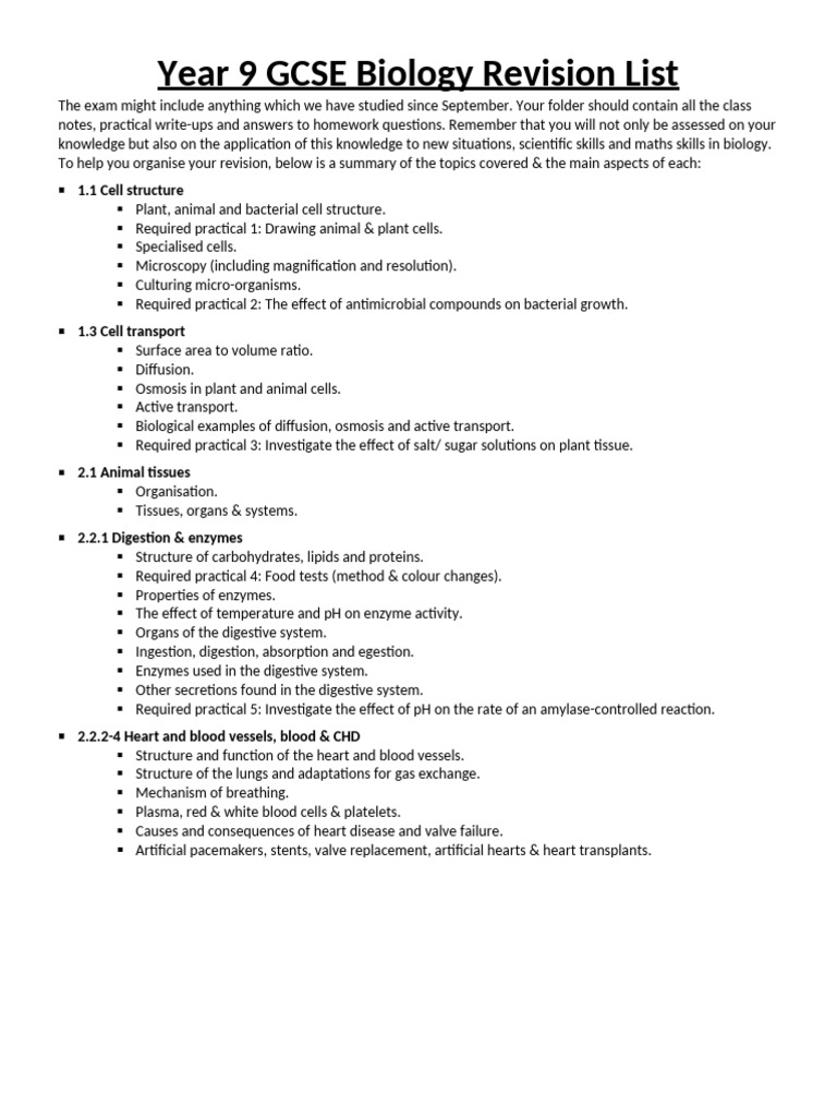 Y9 Biology Summer Exam Revision | PDF
