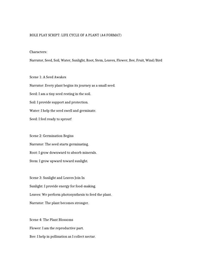 Plant Life Cycle Role Play Script | PDF