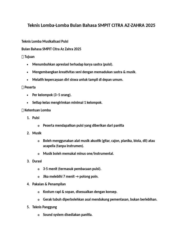 Teknis Lomba-Lomba Bulan Bahasa SMPIT CITRA AZ-ZAHRA 2025 | PDF