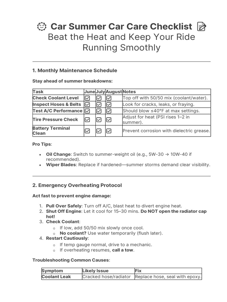 Car Summer Car Care Checklist | PDF | Coolant | Mechanical Engineering