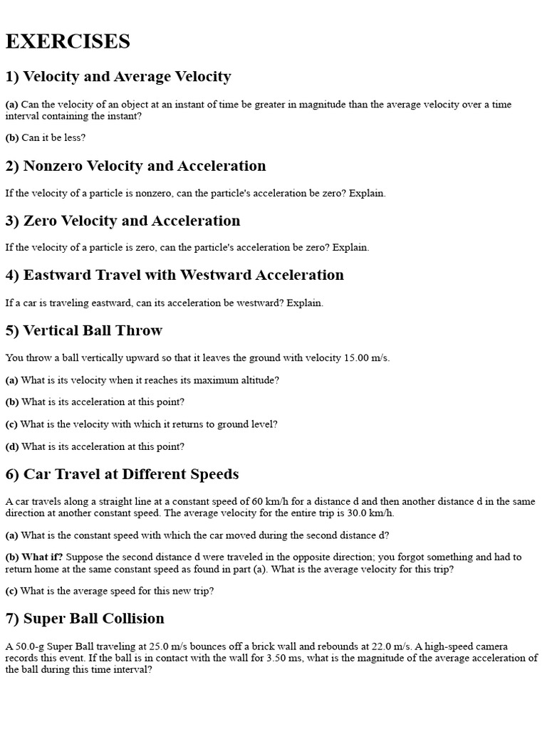 Physics Exercises on Velocity and Acceleration | PDF