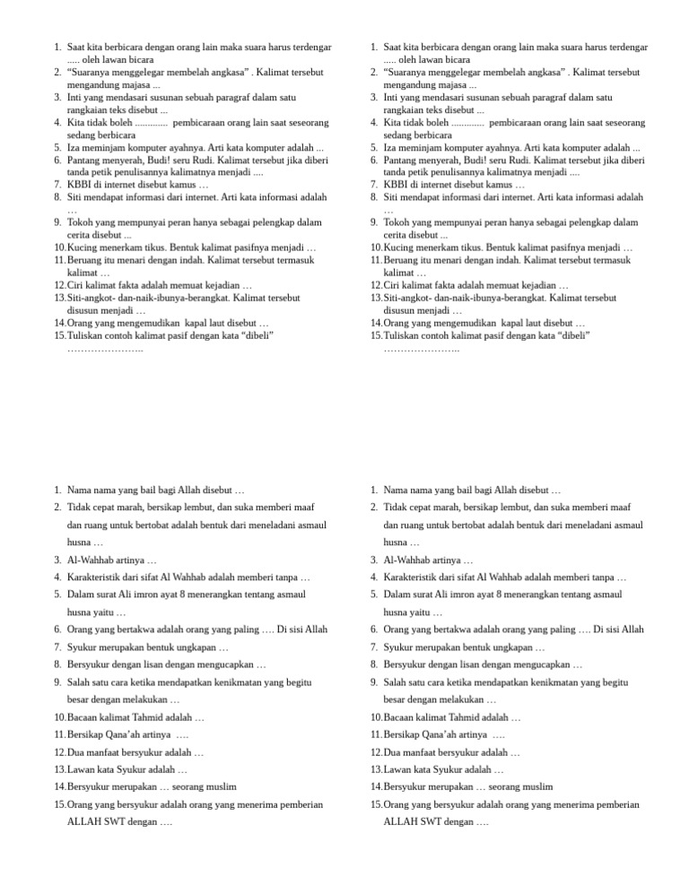 Soal Ulangan Harian Bahasa Indonesia Dan Aqidah Akhlaq | PDF